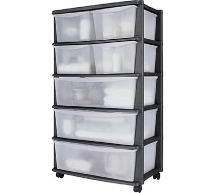 7 Drawer Plastic Wide Storage Chest - Black, Mounted on wheels for easy ...