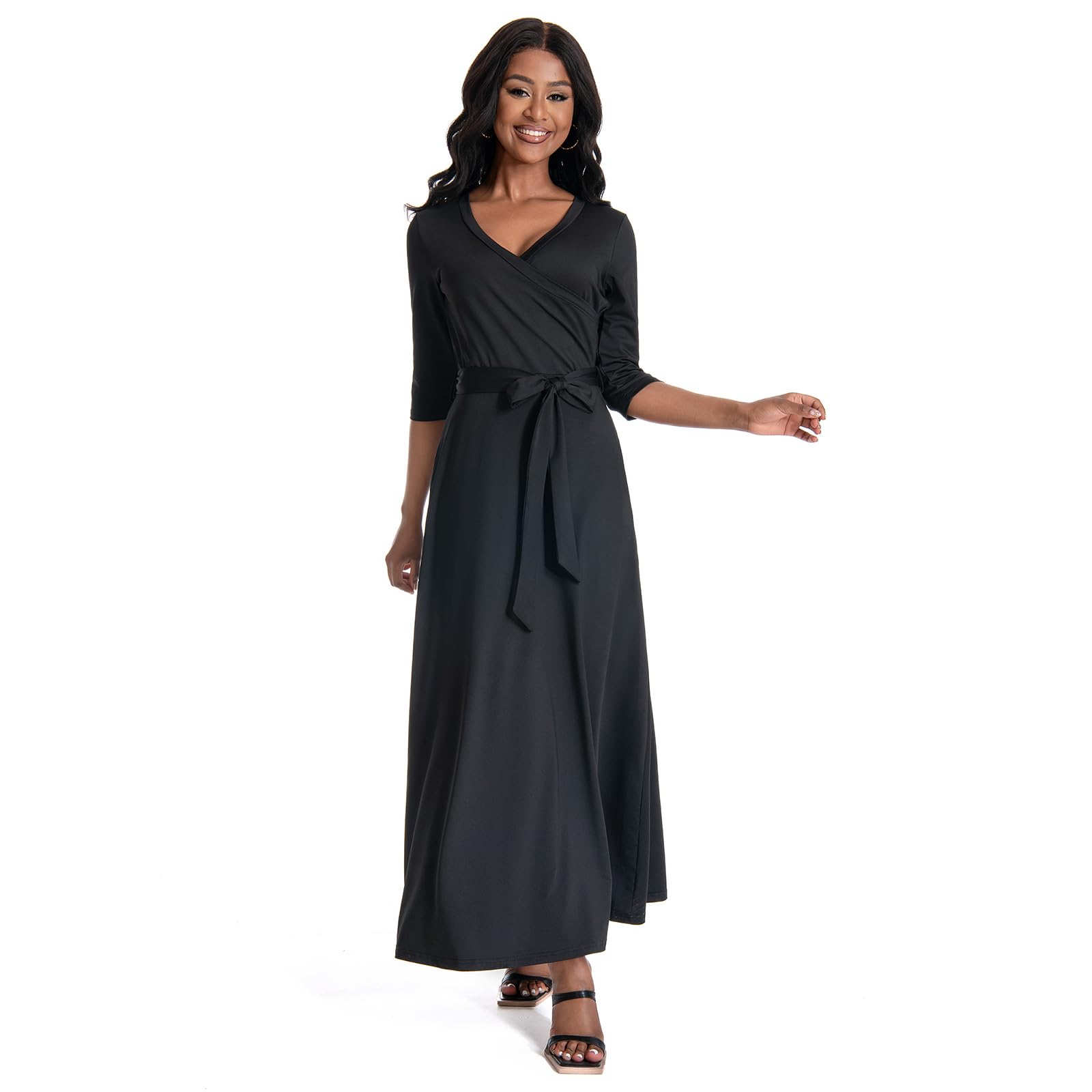 KINIKO Women Maxi Dress with Pockets V Neck 3/4 Sleeve Summer 2024 Boho Floral Printed Wrap Long ...