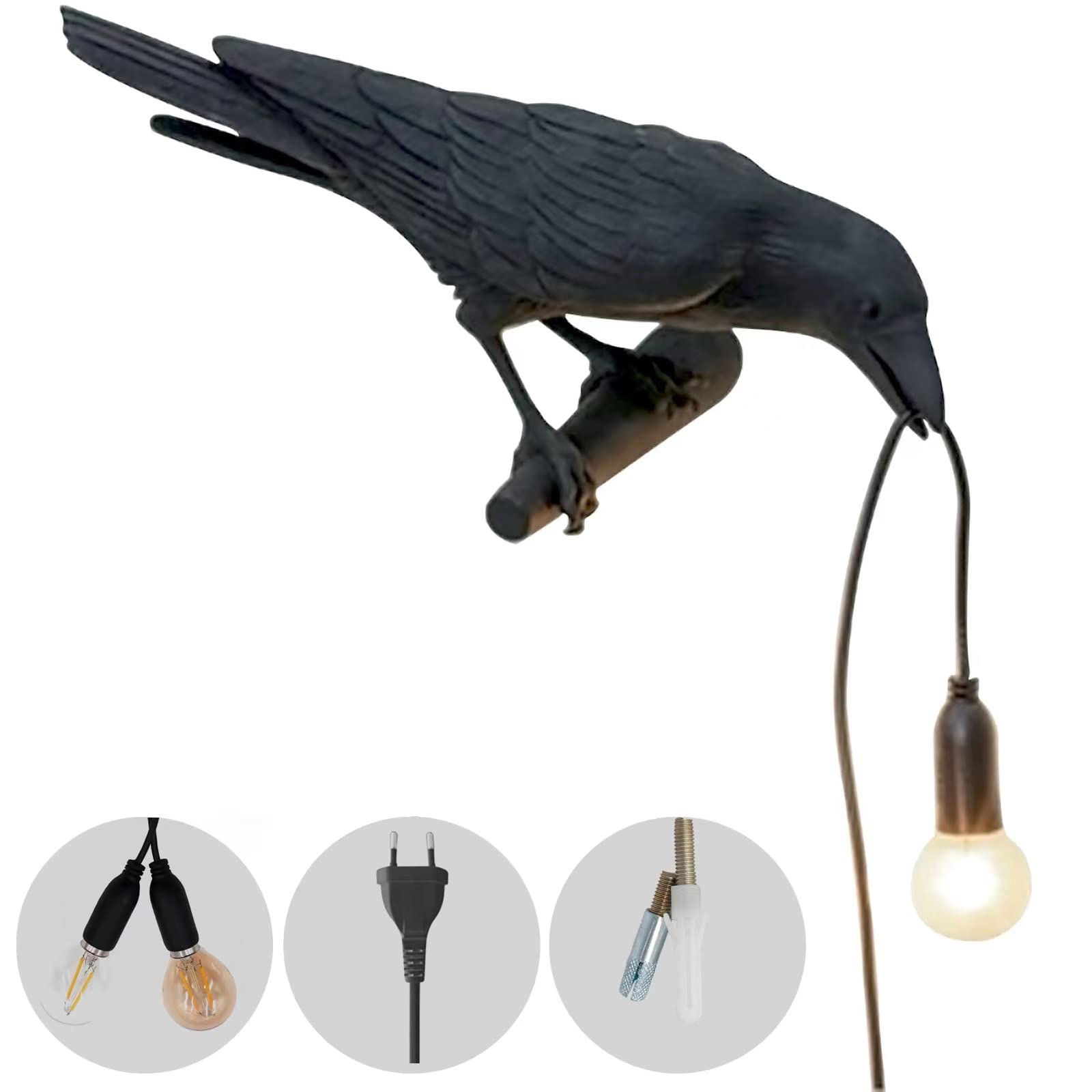 The Gothic Crow Lamp, Cute Black Raven Wall Light with Wall Plug in ...