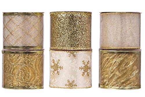 SANNO 2.5 inch 6 Rolls 36 Yards Christmas Wired Ribbon White Gold Wired ...