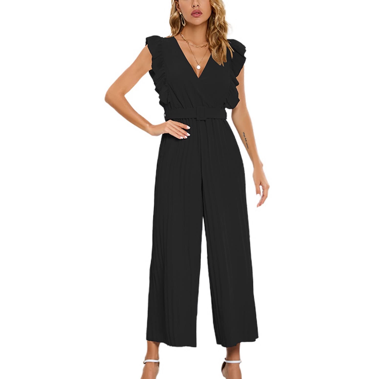 Lu's Chic Women's Wide Leg Jumpsuits Casual Office Chiffon V Neck ...