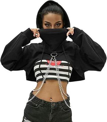 Women's Chain Hoodie Crop Top Hooded Long Sleeve Cropped Pullover ...