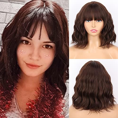 MISSQUEEN Dark Brown Short Wavy Wig With Bangs, Bob Wigs for Women ...
