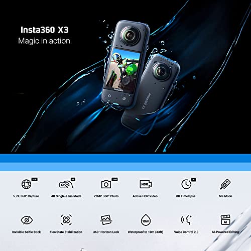 insta360 X3 - Waterproof 360 Action Camera with 1/2" 48MP Sensors, 5.7K 360 Active HDR Video ...