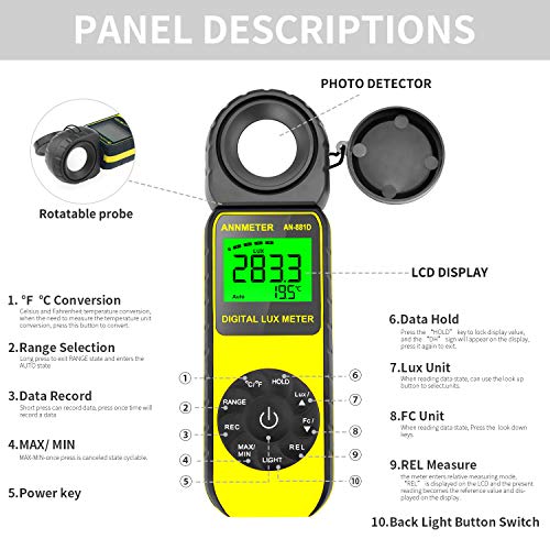 ANNMETER AN-881D Digital Illuminance Meter, Lux Meter with 0.01-400,000 Lux (0.01-40,000 FC ...