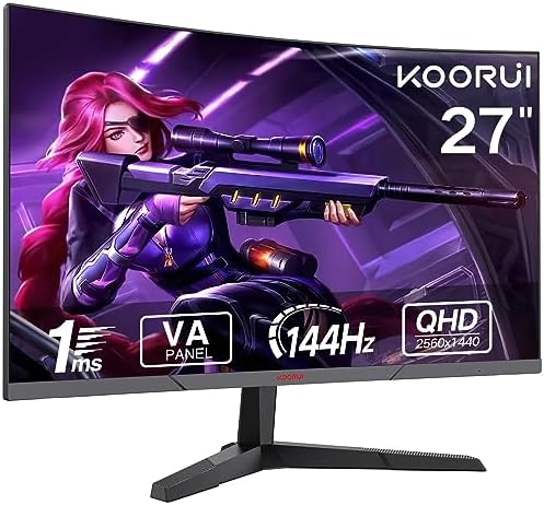 KOORUI 27 Inch QHD Gaming Curved Monitor 144 Hz, 1ms, DCI-P3 90% Color ...