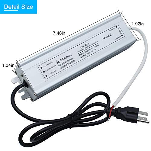LightingWill LED Driver 60 Watts Waterproof IP67 Power Supply Transformer, 90-265V AC to 12V DC ...