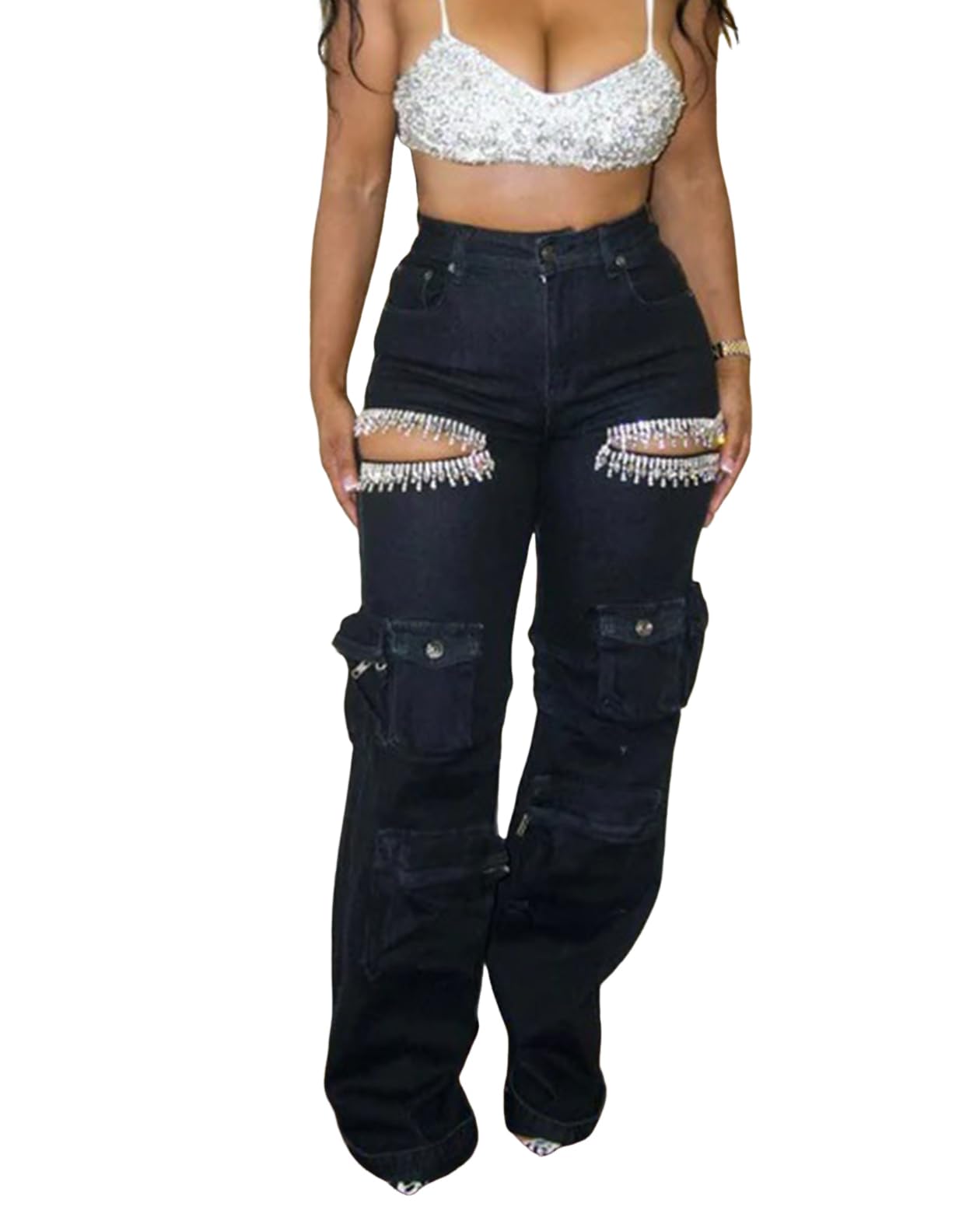 Women's Rhinestone Cargo Jeans High Waisted Wide Leg Sexy Ripped Cut ...