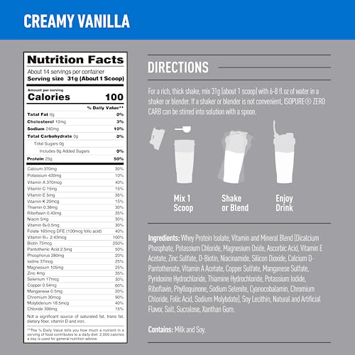 Isopure Creamy Vanilla Whey Isolate Protein Powder with Vitamin C ...