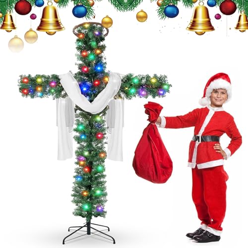 Foldable Cross Christmas Tree with Prelit LED Lights, White Silk Scarf ...