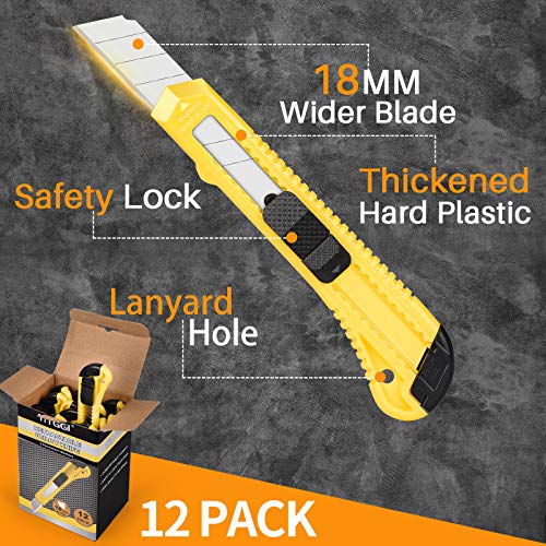 12-Pack Utility Knife, 18mm Wide Blade Retractable Box Cutter for Cartons, Cardboard and Boxes ...