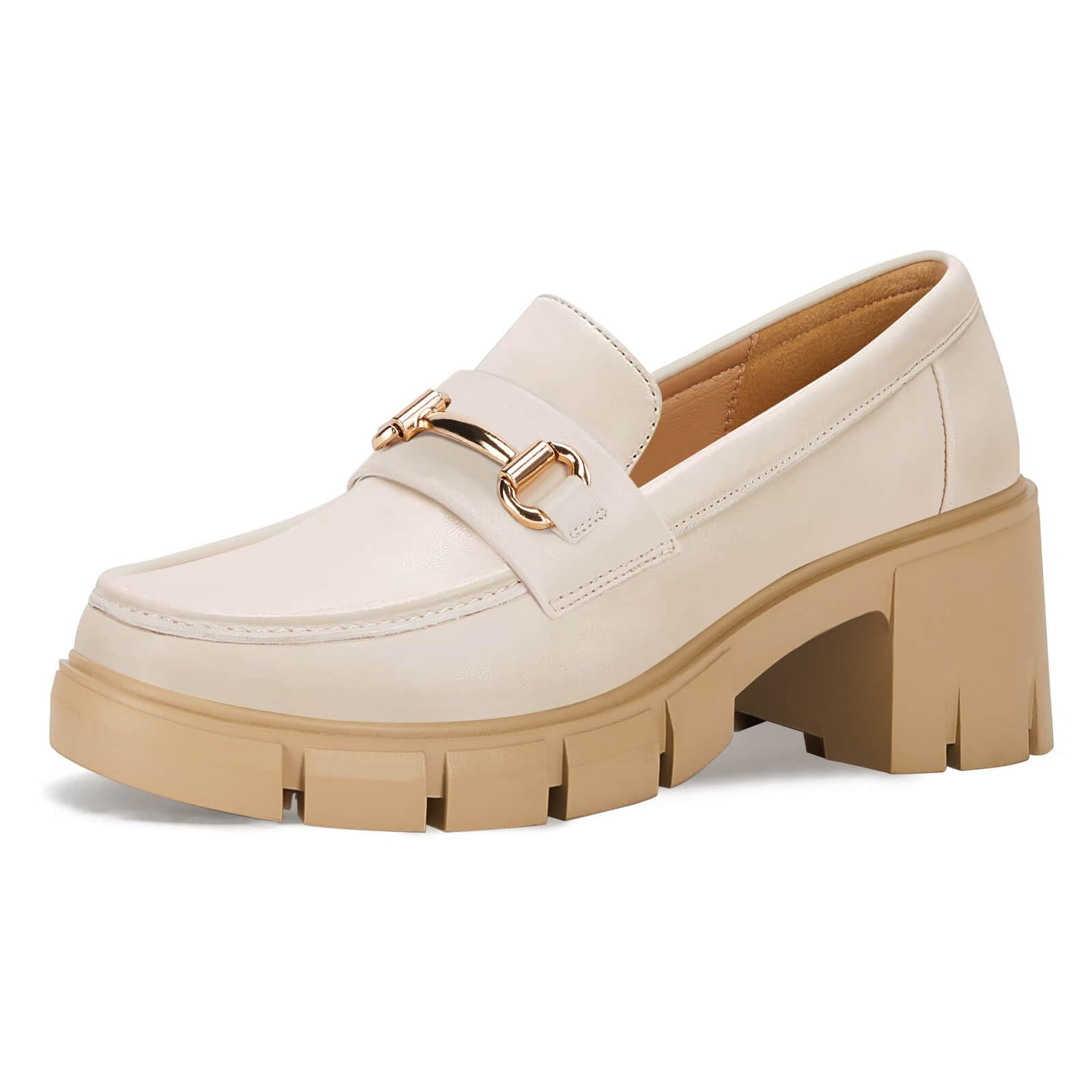 Coutgo Womens Chunky Platform Lug Sole Loafers Mid Heel Square Toe ...