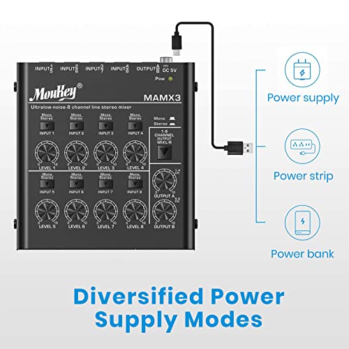 Moukey Audio Mixer Line Mixer, DC 5V, 8-Stereo Ultra, Low Noise 8-Channel for Sub-Mixing, Ideal ...