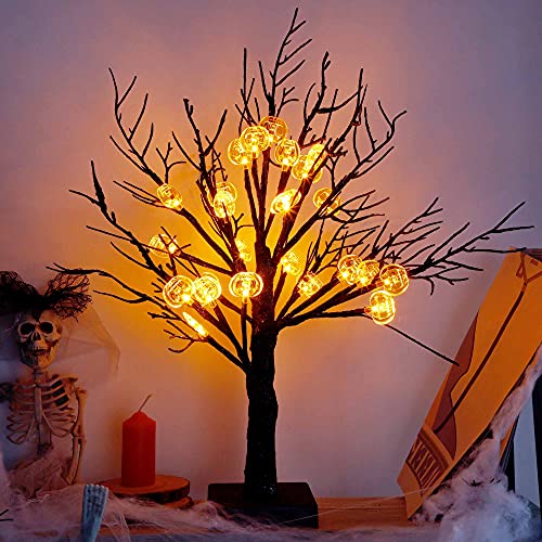 Brwoynn 18 Inch Lighted Black Birch Tree with 24 Pumpkins, Halloween ...
