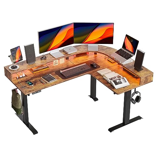 FEZIBO Triple Motor L Shaped Stadning Desk with LED Strip & Power ...