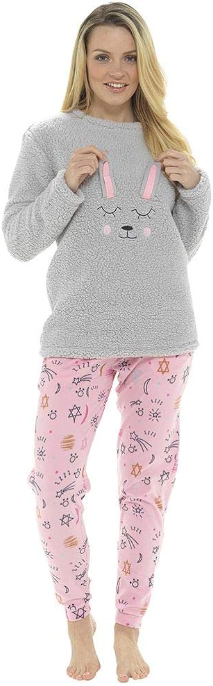 Ladies/Womens Fleece Bunny Rabbit Pyjama Set Winter Pyjamas PJ Set Grey ...