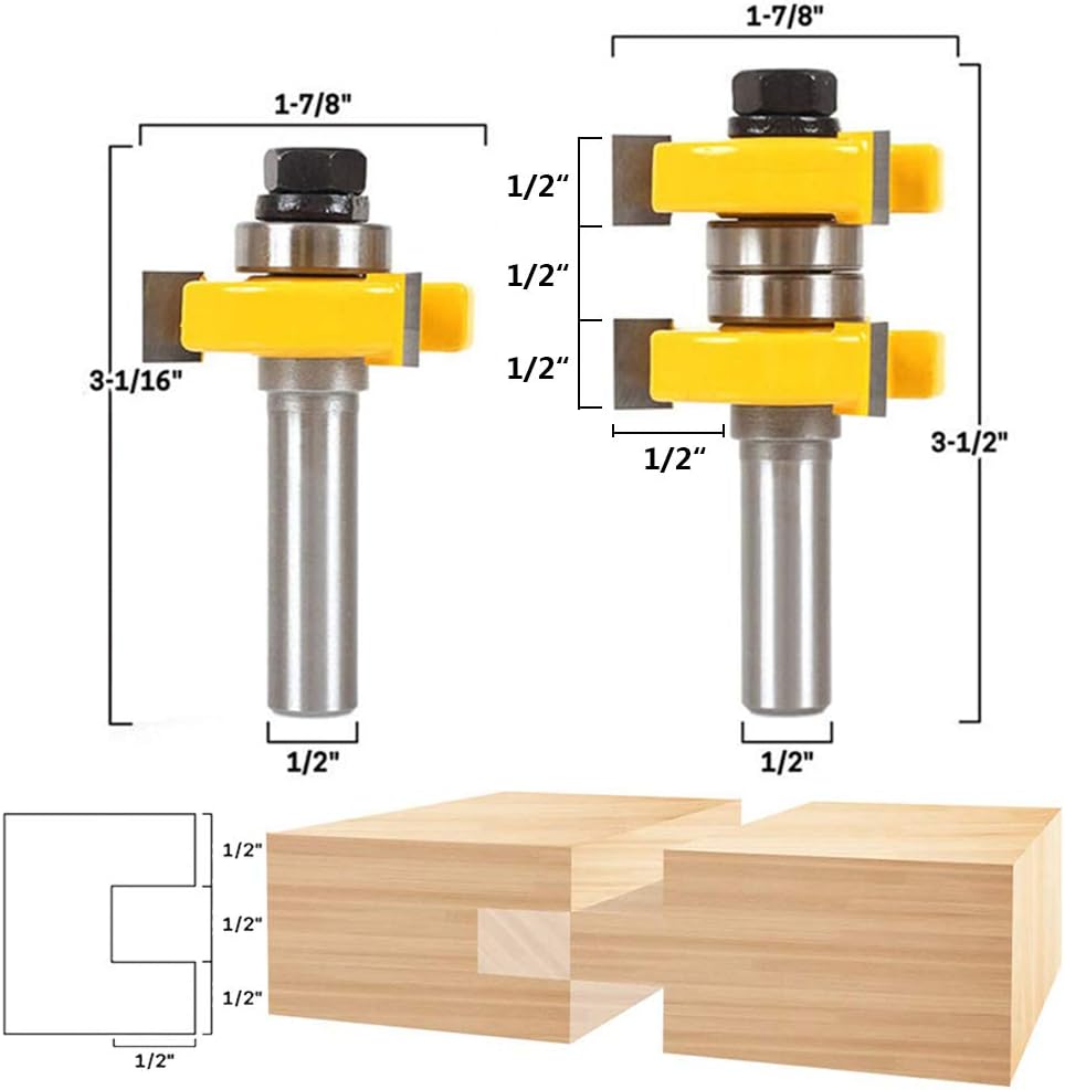Gasea 2pcs 1/2″ Shank Tongue Groove Router Bit Set 3 Teeth T-Shape Wood ...