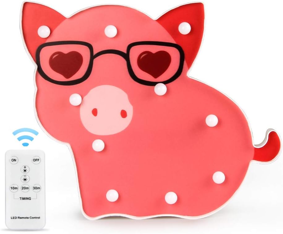 Pink Pig Night Light,Cute Pig Shape Remote Control&Battery Powered LED ...