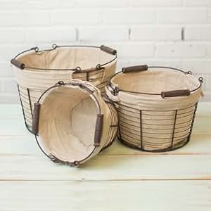 Amazon.com : Round Wire Baskets, Wood Handles, Linen Liner, Brown, Set ...
