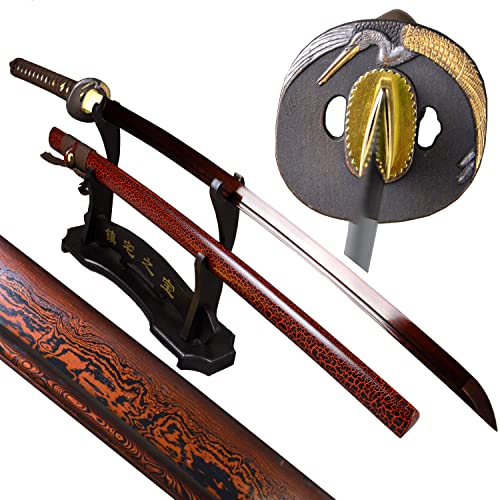 HERO SWORD Handmade Red Damascus Folded Steel Katana Real Sharp Samurai ...