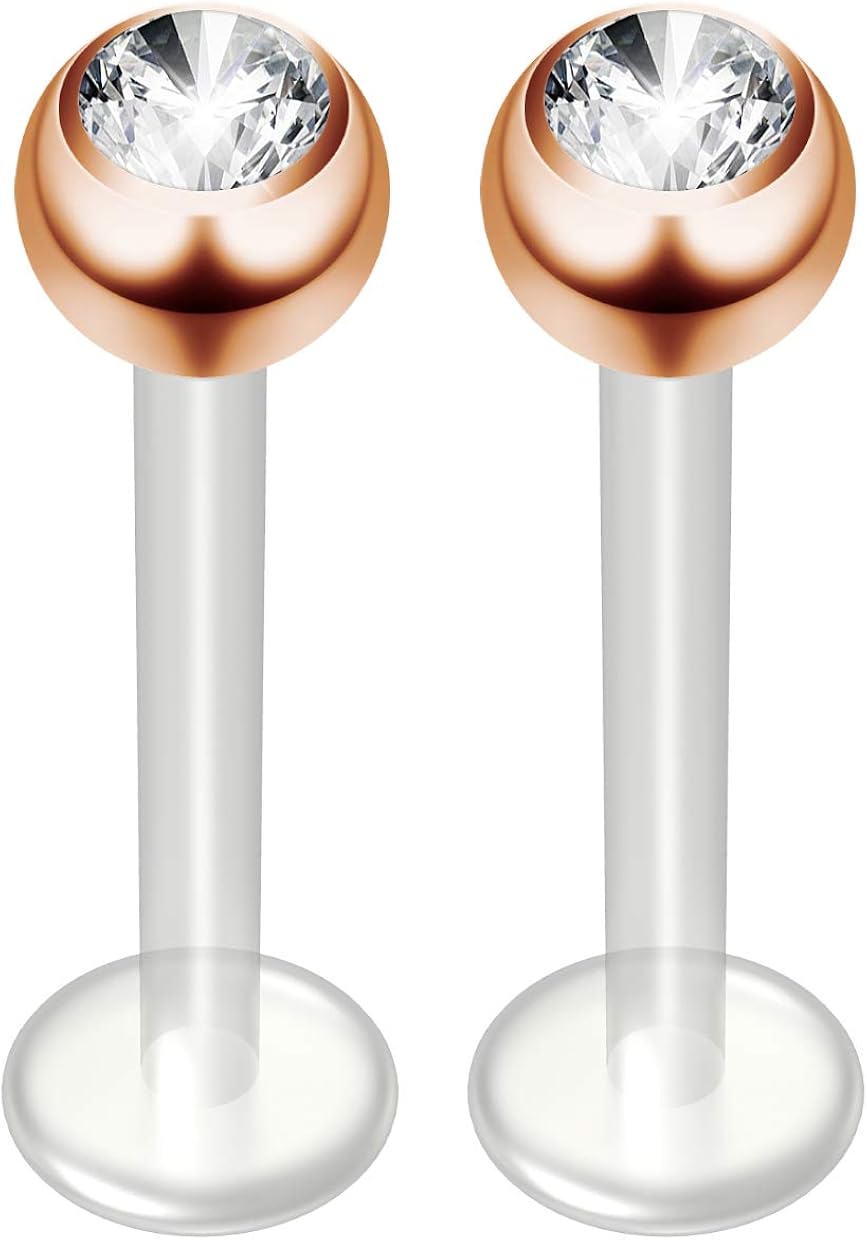 2pc 16g Anodized Crystal Gem Bioplast Labret Flexible Lip Studs Clear ...