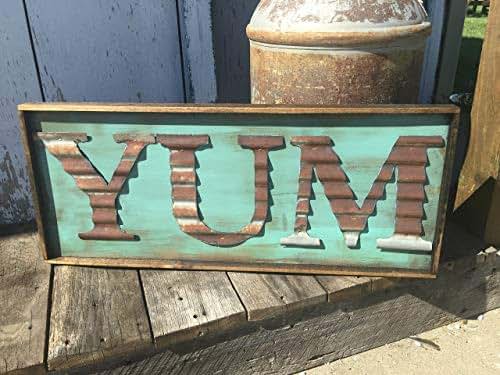 Amazon.com: YUM Sign - Rustic Kitchen Decor - Farmhouse Sign - Metal ...