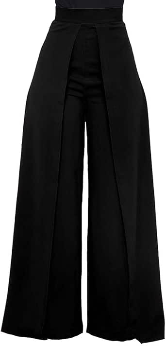 Women Long Palazzo Overlay Pants Split Wide Leg Trousers Skirt Culottes ...
