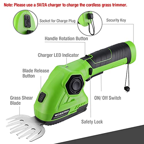 WORKPRO Cordless Grass Shear & Shrubbery Trimmer - 2 in 1 Handheld Hedge Trimmer 7.2V Electric ...
