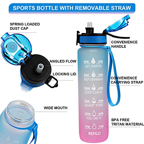 GEMFUL Water Bottle 32oz with Time Marker Straw and Sieve Tritan BPA Free for Fitness Gym ...