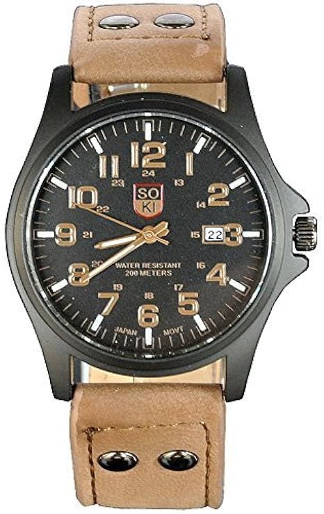 SOKI Dark Brown Military Army Date Watch Mens Leather Band Wristwatch ...