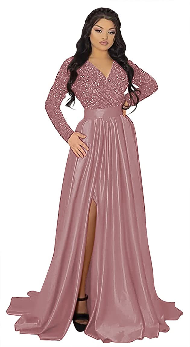 YMSHA Ball Gown Side Slit Plus Size Prom Gowns for Women Long Sleeve ...
