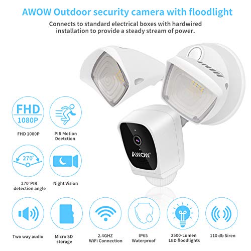 AWOW Floodlight Camera WiFi Spotlight Camera IP65 Waterproof Motion ...
