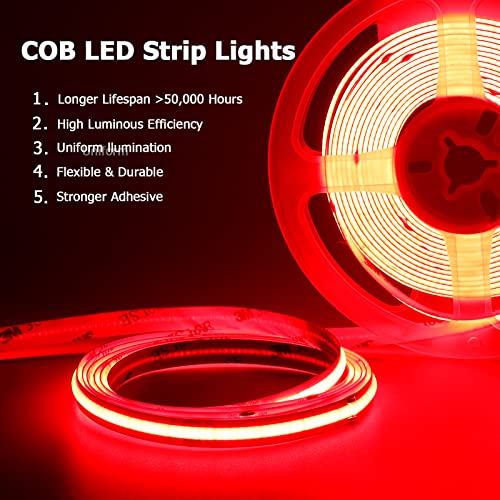TOPAI 24V Red COB LED Strip Waterproof IP65 Outdoor 16.4ft Super Bright Dotless High Density ...