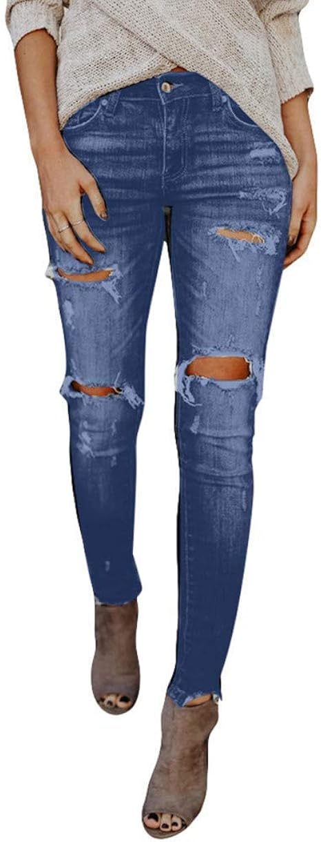 Hx Fashion Damen Stretch Mit Löcher Rissen Klassisch Skinny Classic