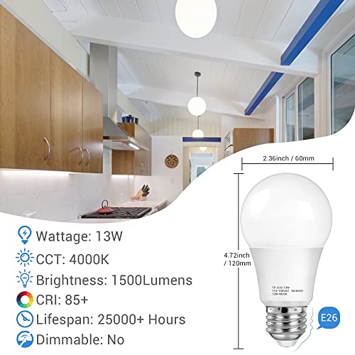 A19 LED Light Bulbs, 100 Watt Equivalent,4000K Neutral White 13W LED Bulbs, 1500 Lumens, E26 ...