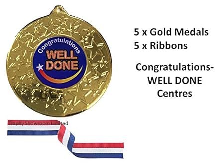 Gold Congratulations Well Done Medals With Ribbons,Pack Of 5 ...