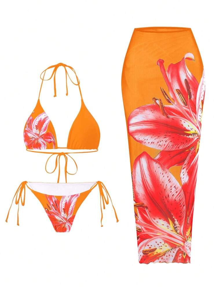 ZAFUL Womens 3pcs Swimsuit Floral Halter Triangle Bikini Top Tie Side ...