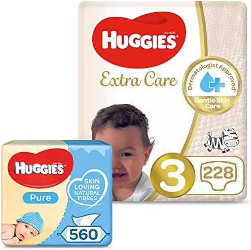 Huggies Extra Care, Size 3, 228 Diapers + 560 Pure Wet Wipes price in ...