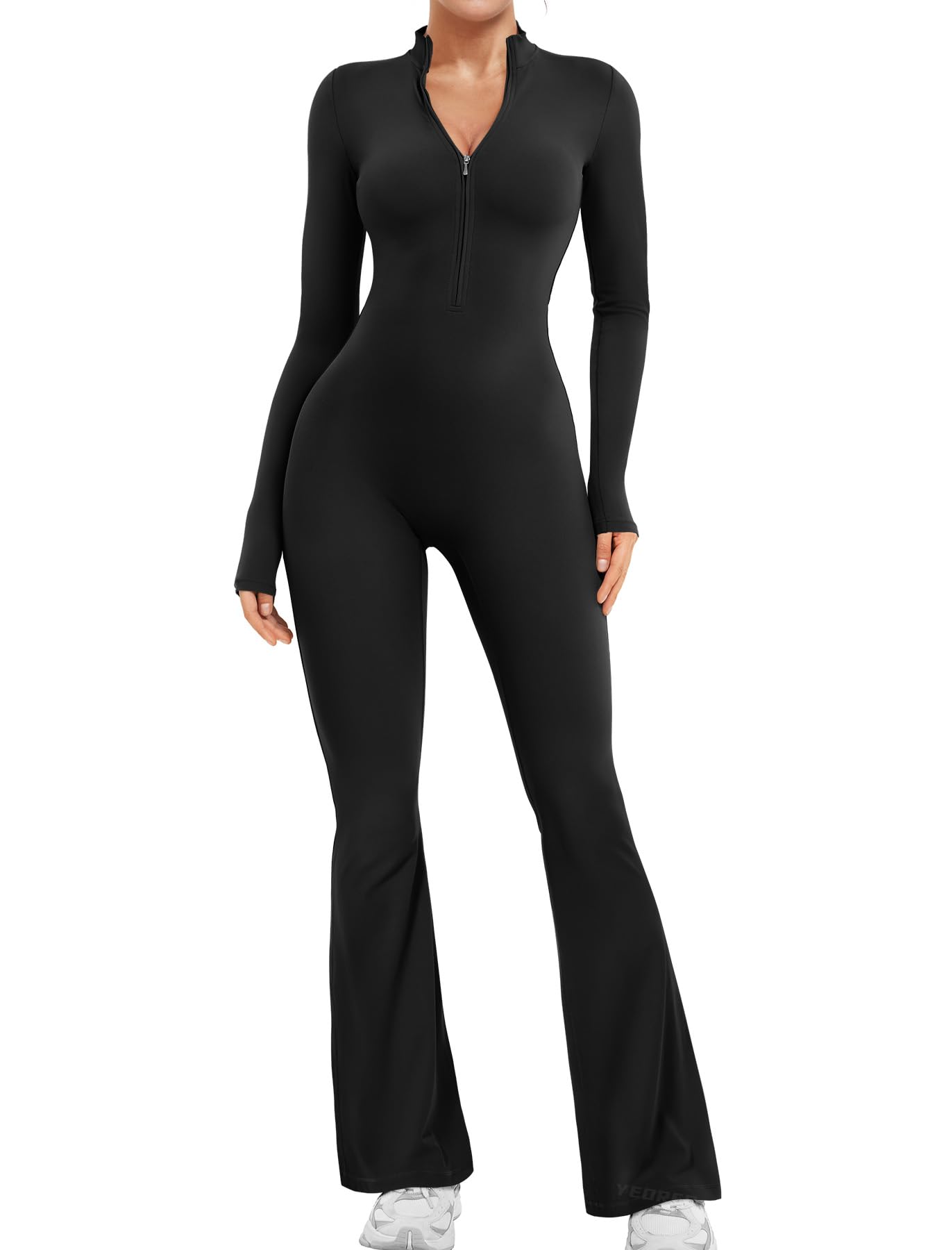 YEOREO Women Long Sleeve Flare Workout Jumpsuit Zip Up Romper Bottom ...