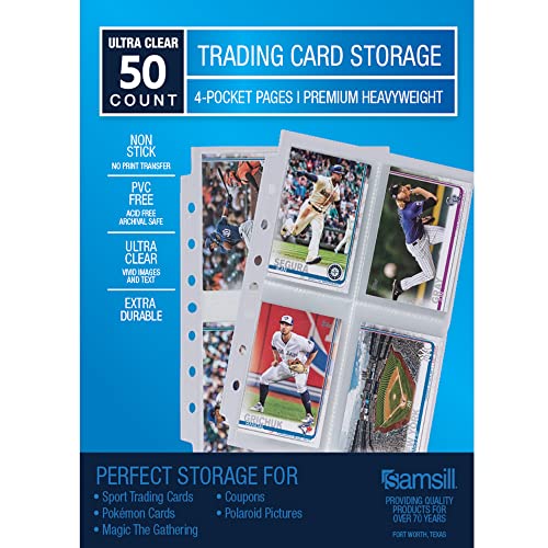 Samsill 4 Pocket Trading Card Sleeve Protectors, 50 Pack, Fits 3 Ring ...