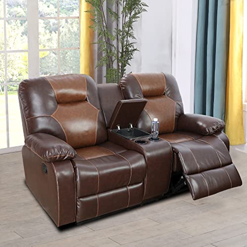 Brown Faux Leather Reclining Loveseat with Center Console, Cup Holders ...