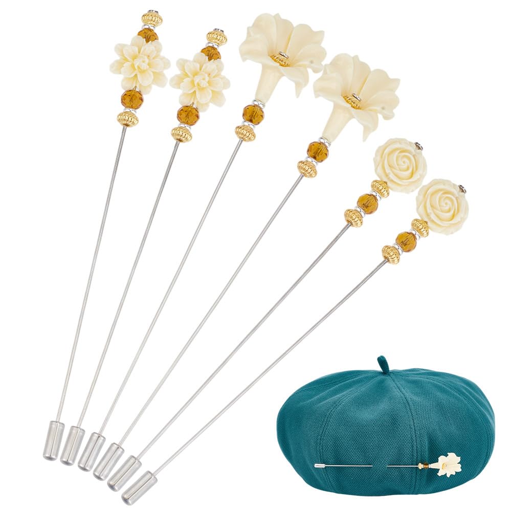 DELORIGIN 6PCS Hat Vintage Safety Pins 5-6 Inch Flower Stick Lapel Pin ...