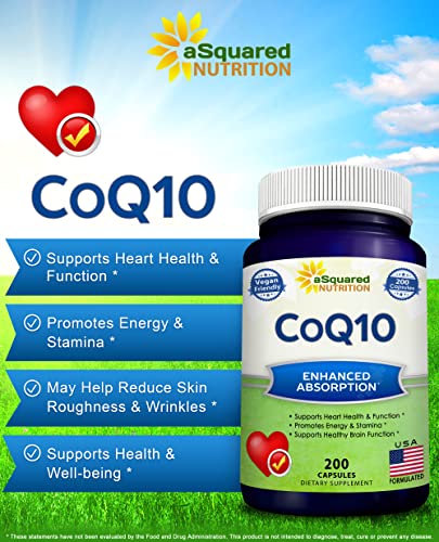 aSquared Nutrition CoQ10 (400mg Max Strength, 200 Capsules) - High Absorption Vegan Coenzyme Q10 ...