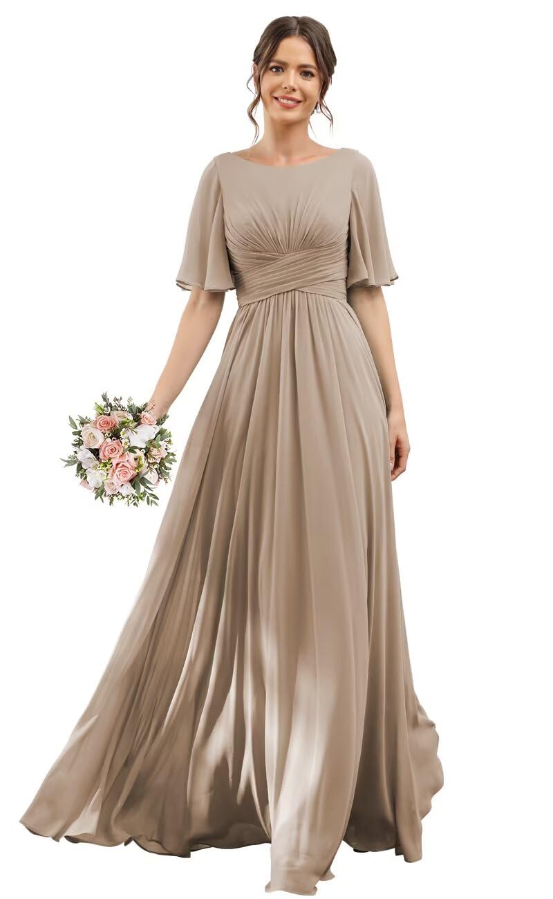 YOFF Modest Flutter Sleeves Bridesmaid Dresses Plus Size with Slit ...