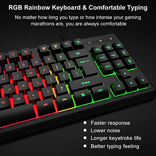 Mftek Rgb 87 Keys Gaming Keyboard And Mouse Combo With Large Mouse Pad Usb Wired Rainbow