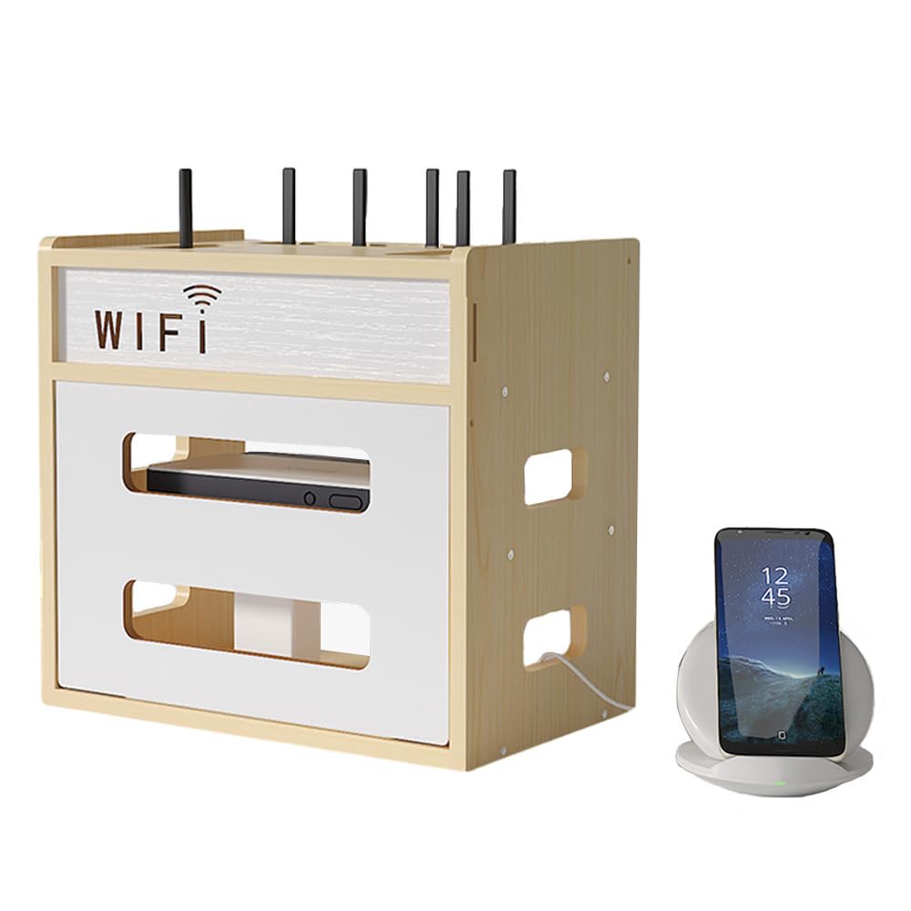 Wooden Router Shelf, Desktop WiFi Router Storage Box Modem Rack, Power ...