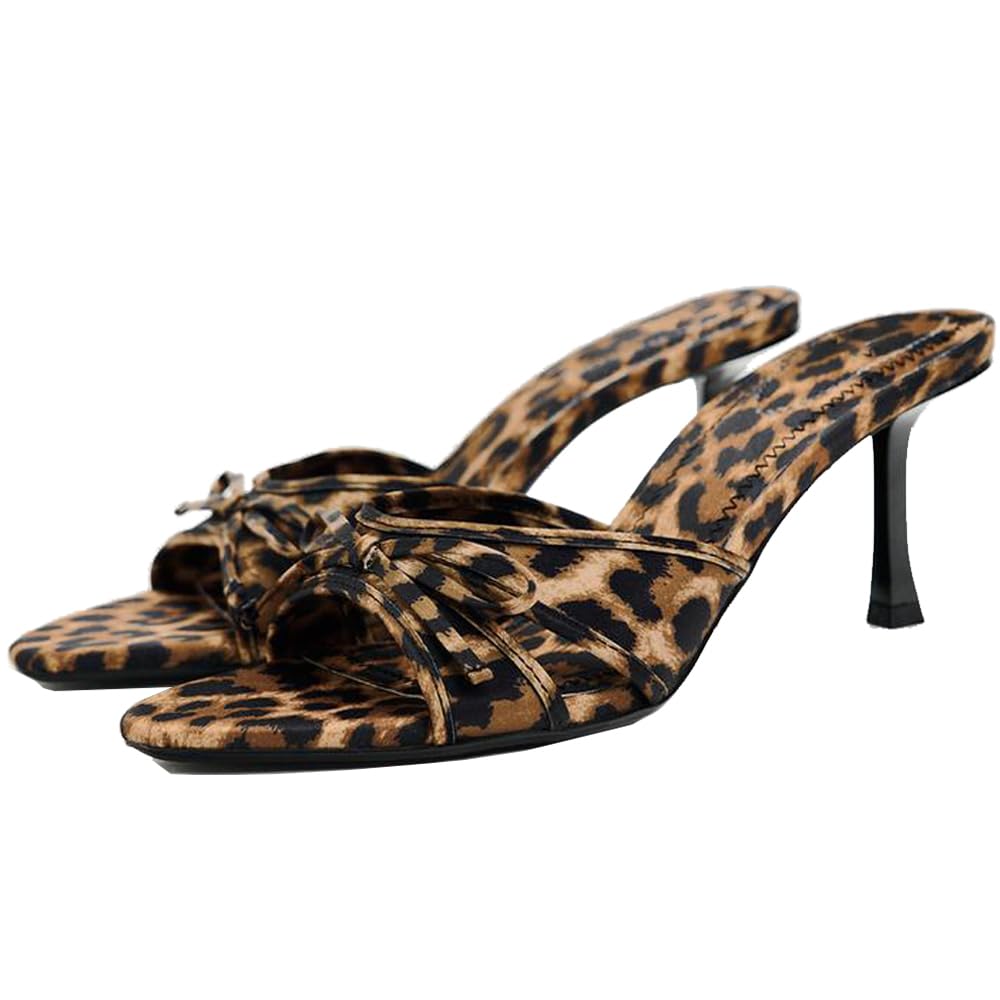 YIYA Women's Leopard Print Mules Heels with Bow Open Round Toe Stiletto ...