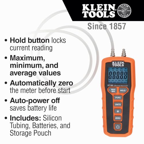 Klein Tools ET180 Digital Manometer, Air And Gas Pressure Tester ...