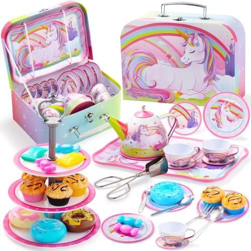 JOYIN 35Pcs Unicorn Tea Party Set for Little Girls, Pretend Tin Teapot ...