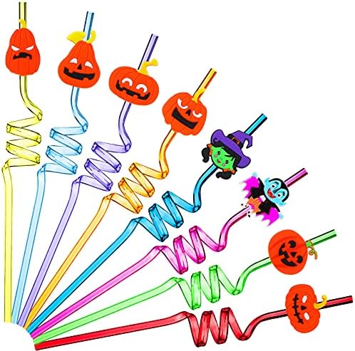 24 Pieces Reusable Halloween Straws Plastic Pumpkin Ghost Witch Straws ...